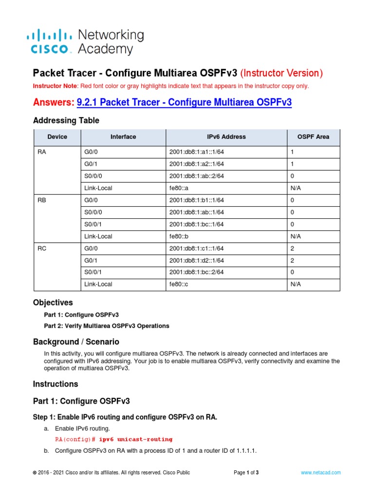 9.2.1 Packet Tracer - Configure Multiarea OSPFv3 - ITExamAnswers | PDF | I Pv6 | Router (Computing)