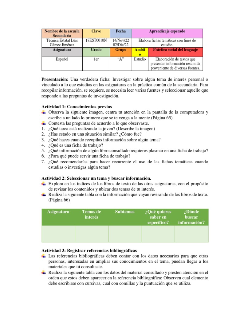 Primer Grado. Elabora Fichas Temáticas Con Fines de Estudio. Español | PDF