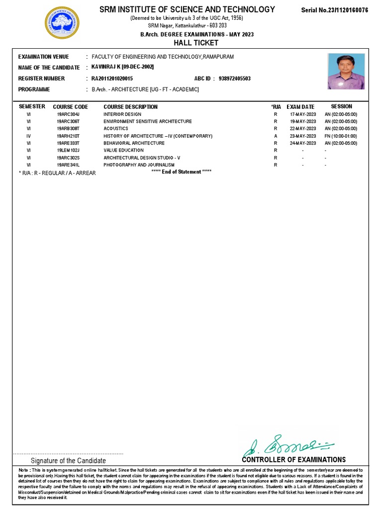 SRM B.Arch May 2023 Exam Hall Ticket | PDF