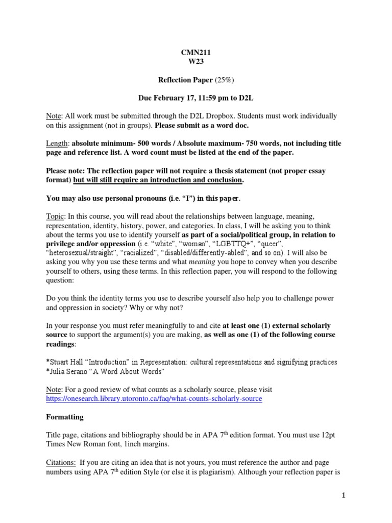 CMN211 W23 - Reflection Paper - Detailed Instructions and Rubric | PDF ...
