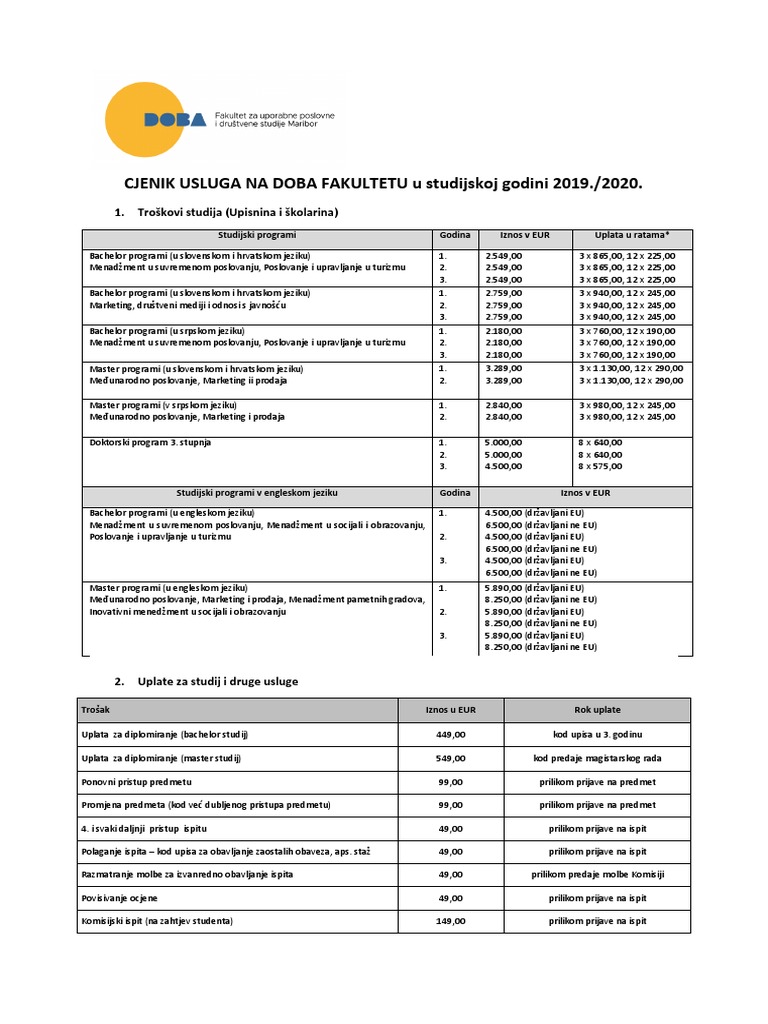 Cjenik Doba Fakultet 2019-20 HR | PDF