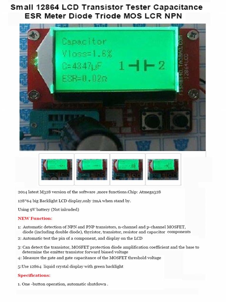 Small 12864 LCD Transistor Tester Capacitance ESR Meter Diode Triode ...