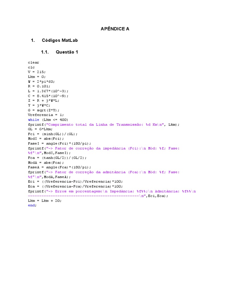 Apêndice A - Códigos MatLab | PDF | Métodos e Materiais de Ensino