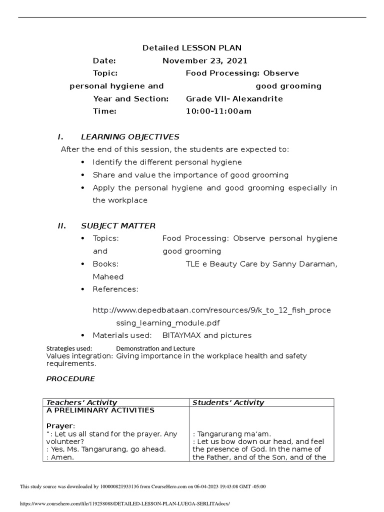 Food Processing Hygiene Lesson Plan | PDF