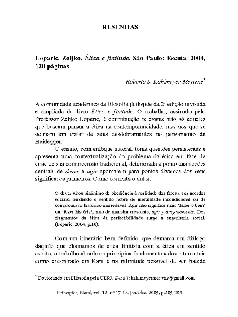 Vista Do Ética e Finitude, de Zeljko Loparic | PDF