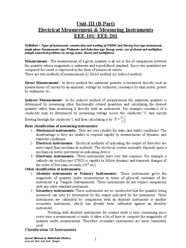 Unit-III (B-Part) Electrical Measurement & Measuring Instruments EEE ...
