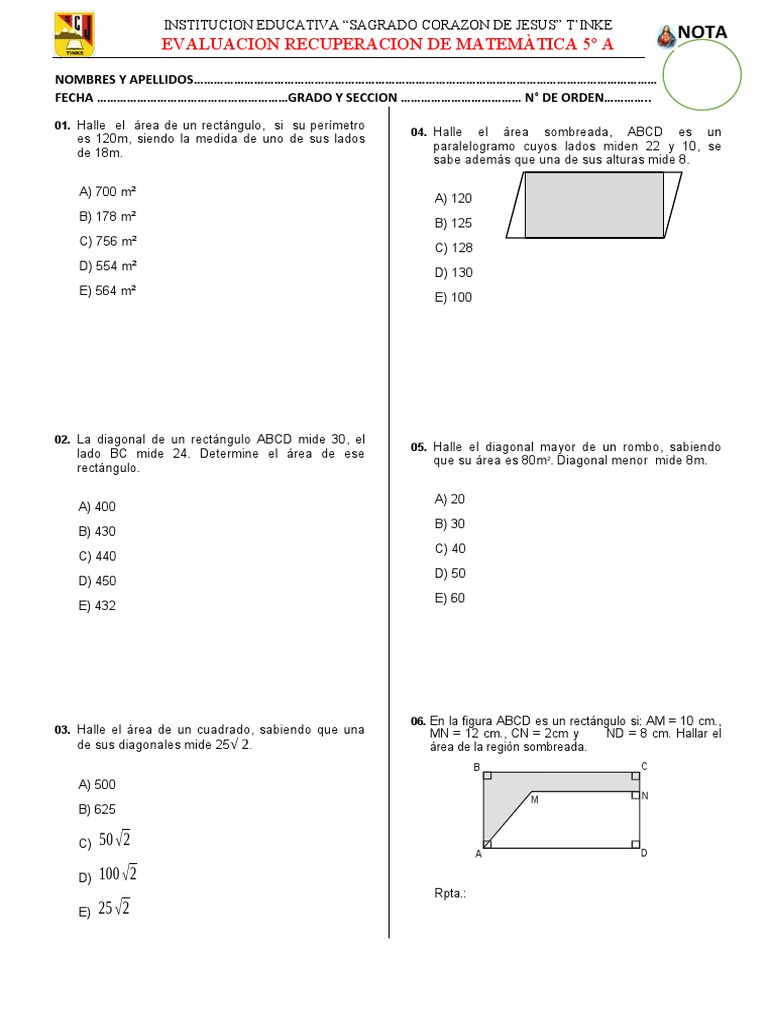 Evaluacion de Matematica de Segundo Trimestre | PDF | Rectángulo | Geometría Elemental