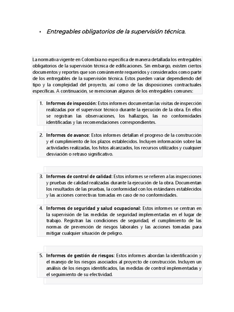 Entregables Obligatorios de La Supervisión Técnica | PDF