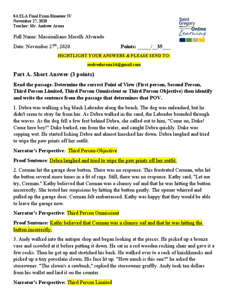 8A ELA Final Exam Bimester IV Massimiliano | PDF | Narration