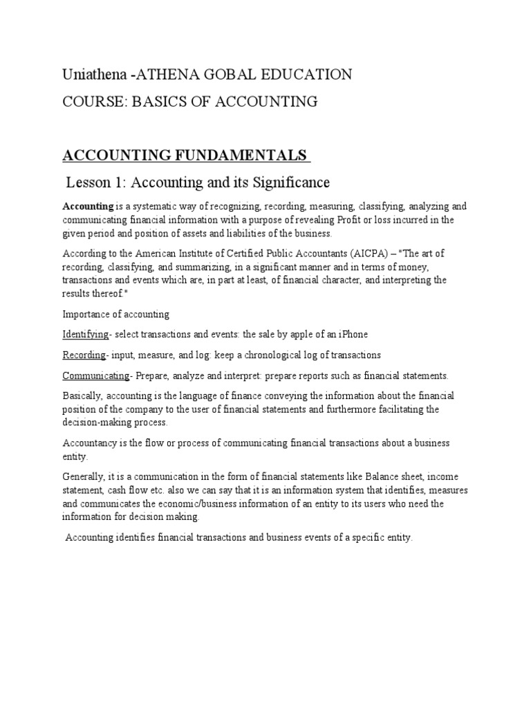 Uniathena - Basic Accounting Course | PDF | Equity (Finance ...