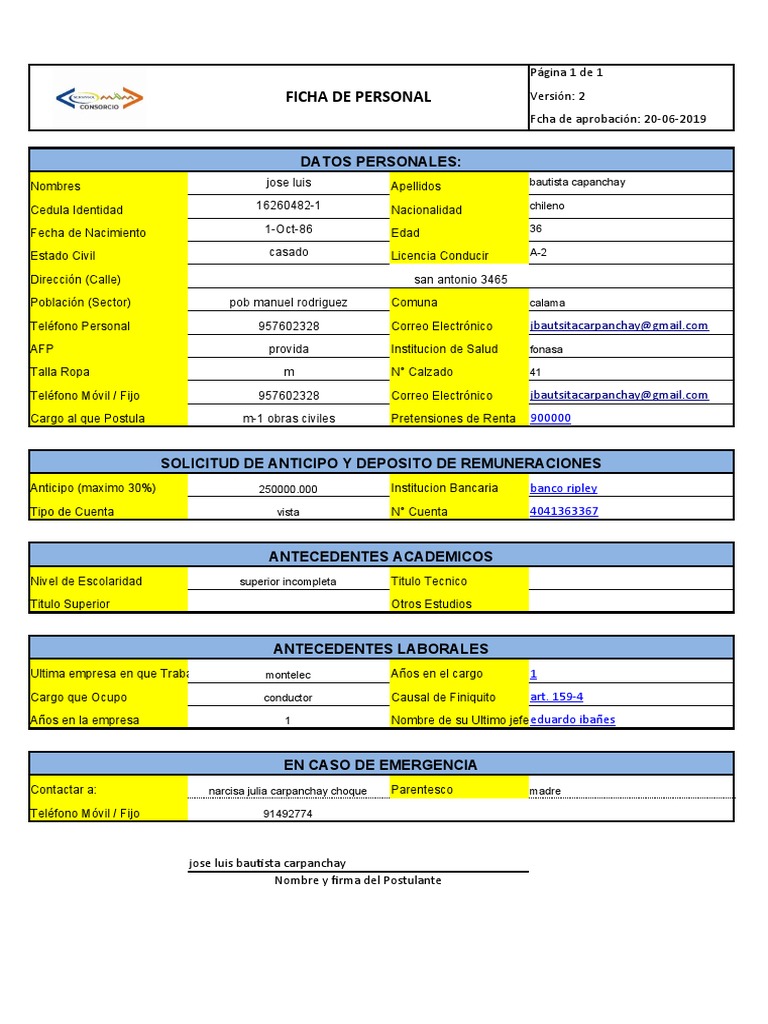 Ficha Personal Jose Servasol | PDF