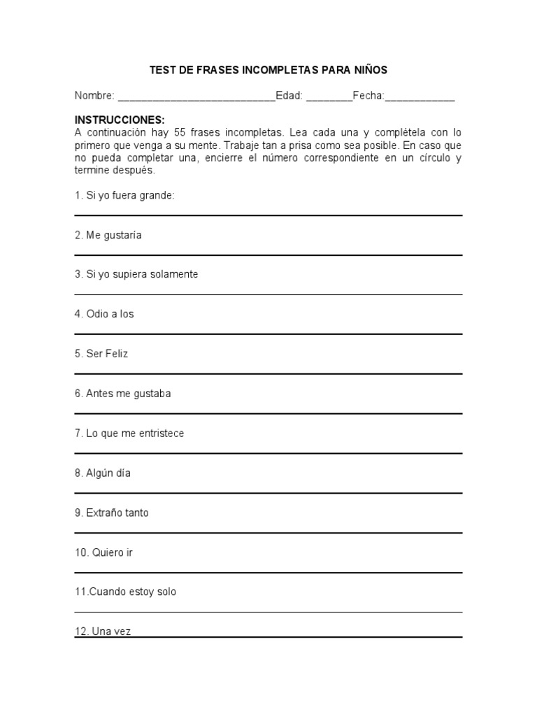 Test de Frases Incompletas para Niños | PDF | Salud y bienestar