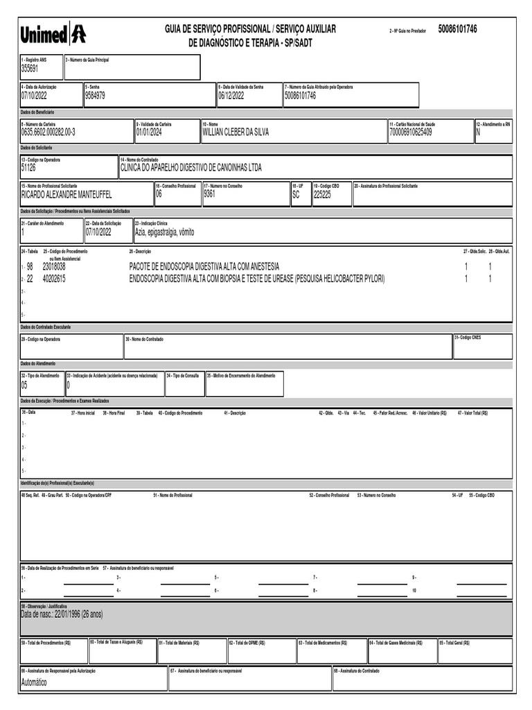 Guia de Serviço Profissional / Serviço Auxiliar de Diagnóstico E ...