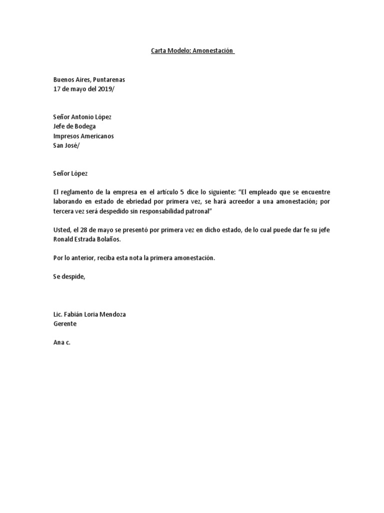 Carta Modelo de Amonestacion | PDF Carta Modelo de Amonestacion | PDF