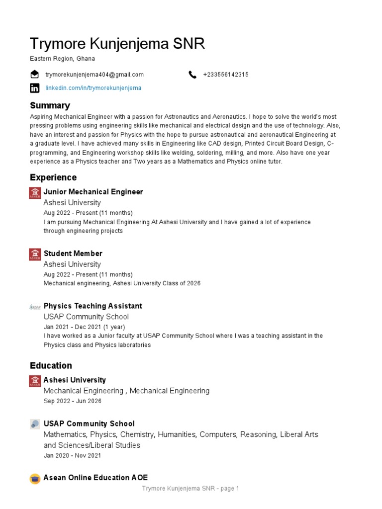 Resume Trymore Kunjenjema SNR | PDF | Engineering | Physics