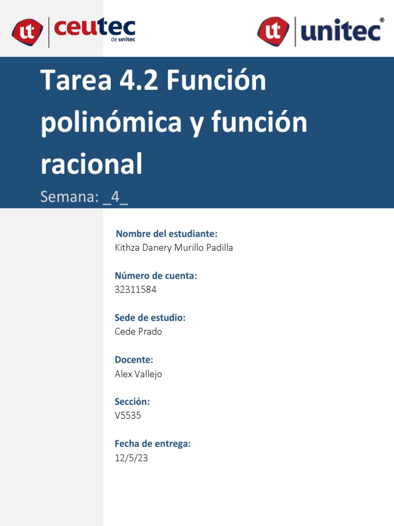 tarea 4.2 funcion polinomica y funcion racional kithza murillo | PDF