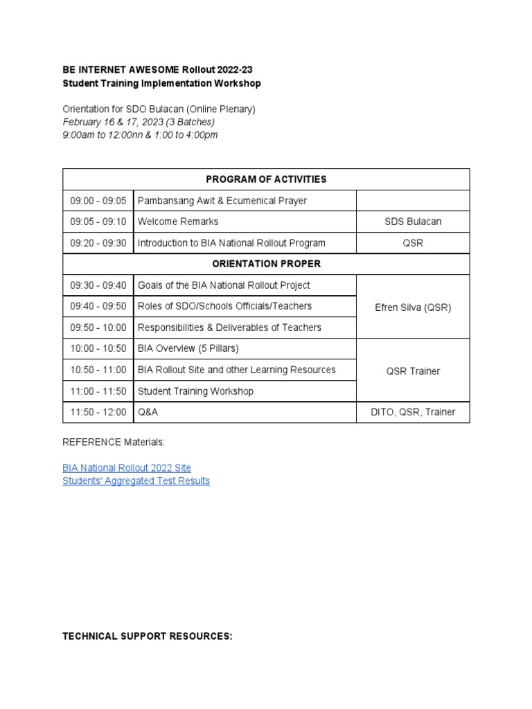BIA Rollout - Implementation Workshop | PDF | Computing | Communication
