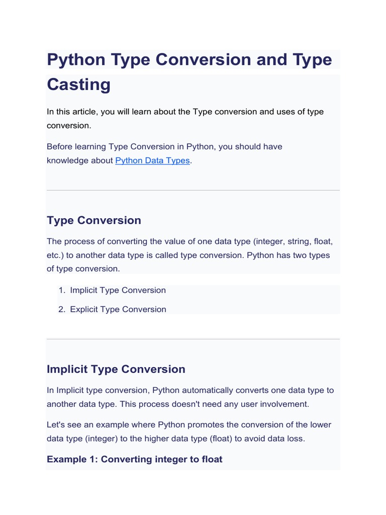 Python Type Conversion and Type Casting | PDF | Data Type | Computer Data Python Type Conversion and Type Casting | PDF | Data Type | Computer Data