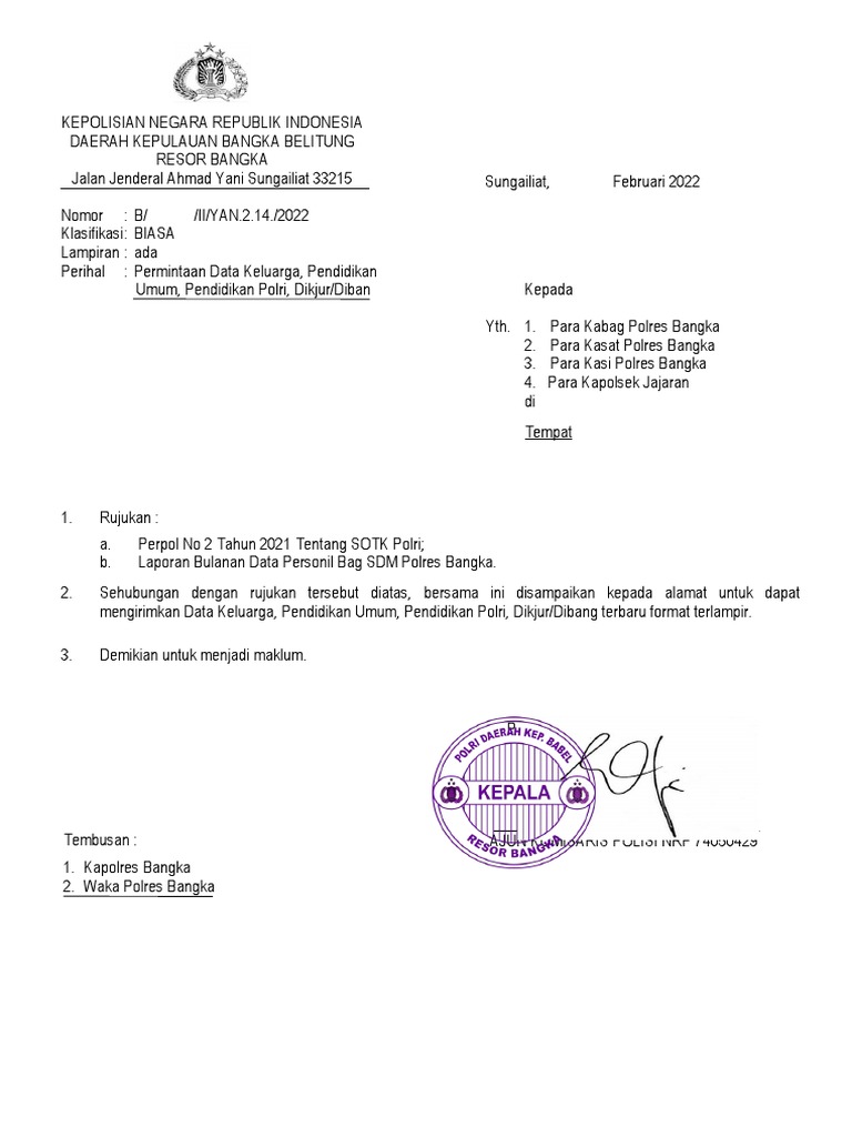 Surat Permintaan Data Pers Bagren Polres Bangka | PDF