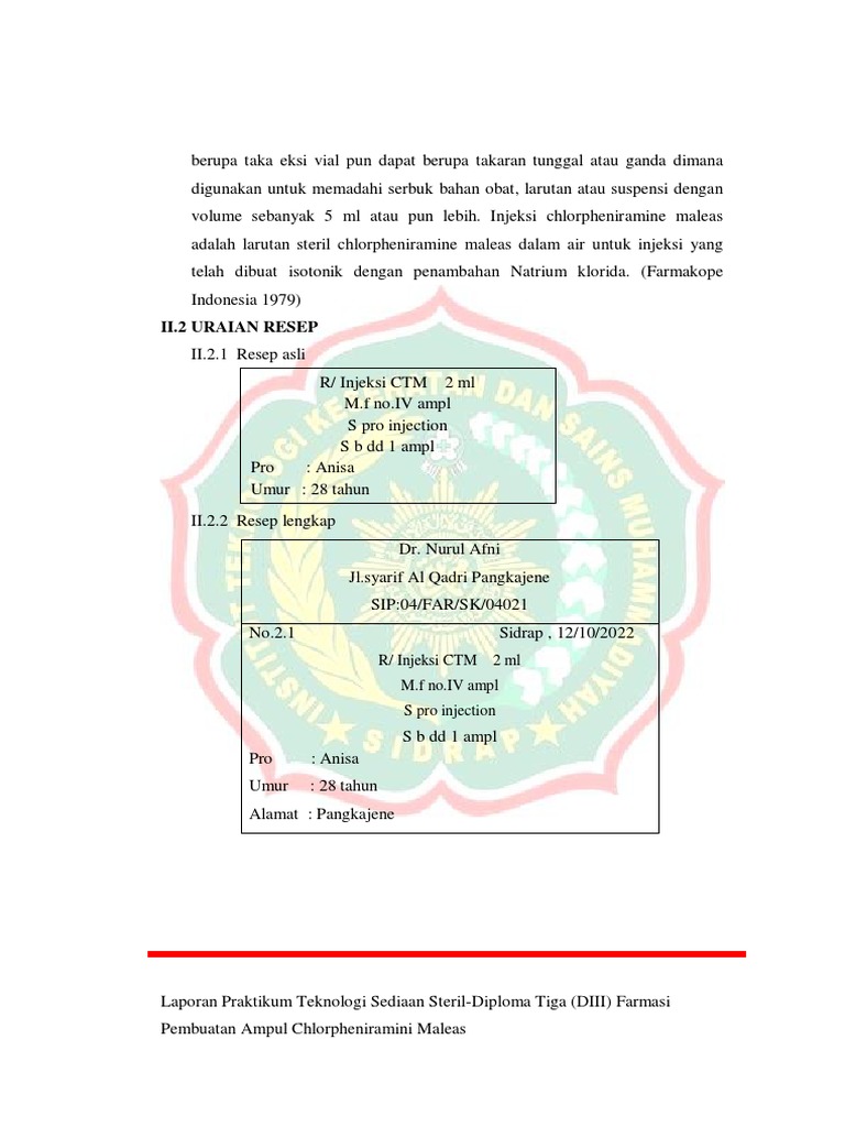 Ii.2 Uraian Resep: R/ Injeksi CTM 2 ML M.F No - IV Ampl S Pro Injection | PDF