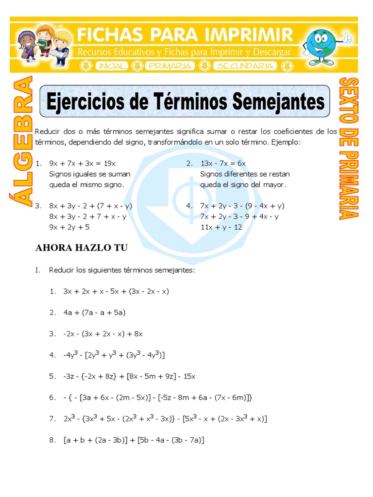 Ejercicios de Términos Semejantes para Sexto de Primaria | PDF