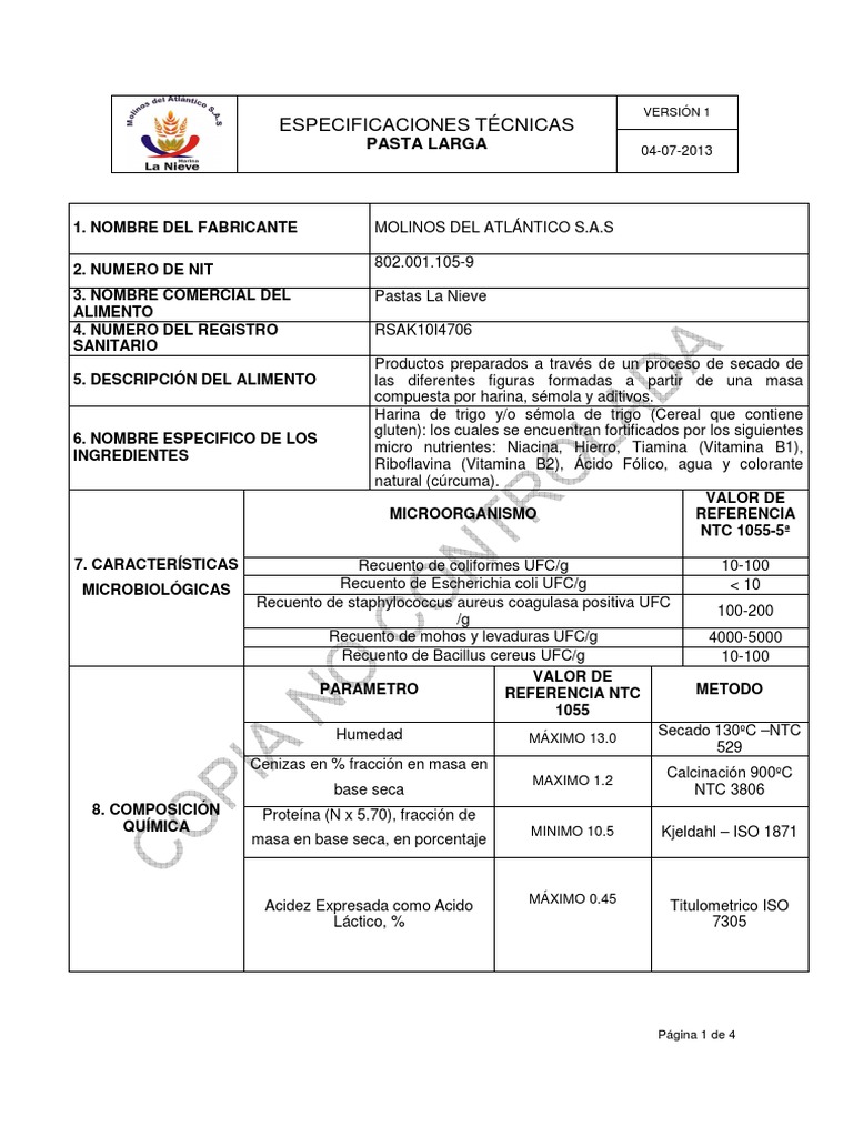 Especificación Tecnica Pasta Larga | PDF | Comida y bebida | Nutrición