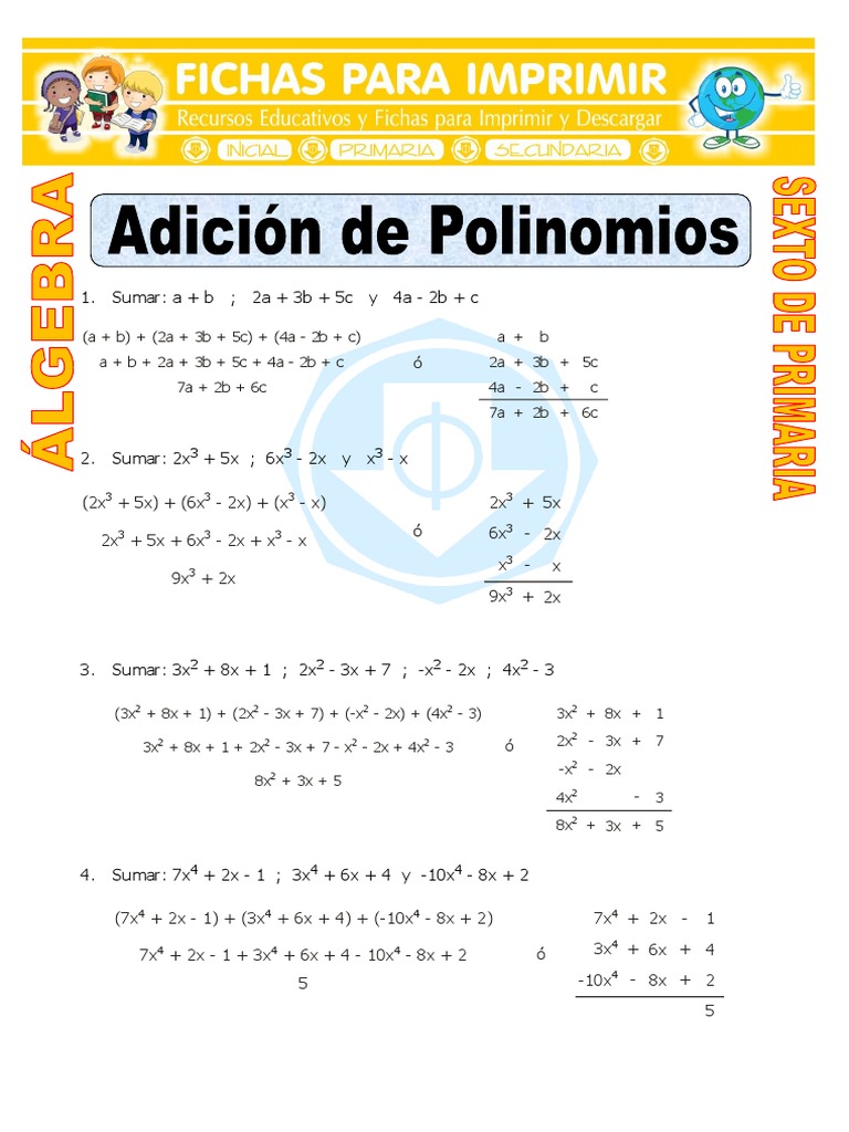 Adición de Polinomios para Sexto de Primaria | PDF