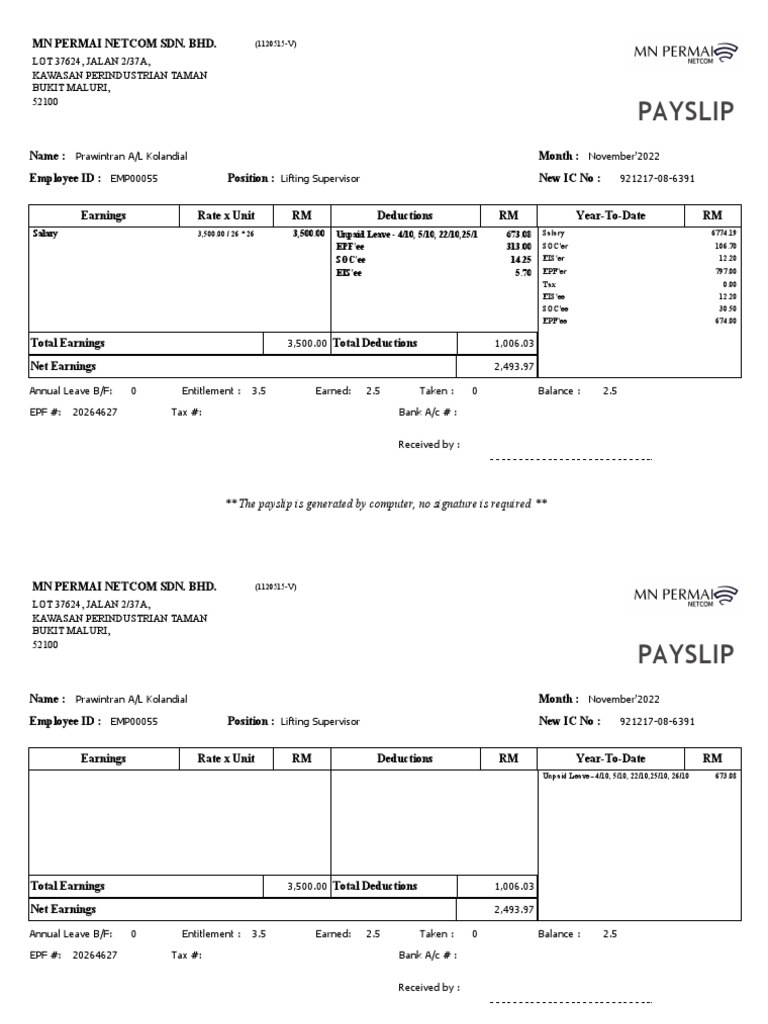 Payslip With YTD - Half Page (MN PERMAI) 3 | PDF