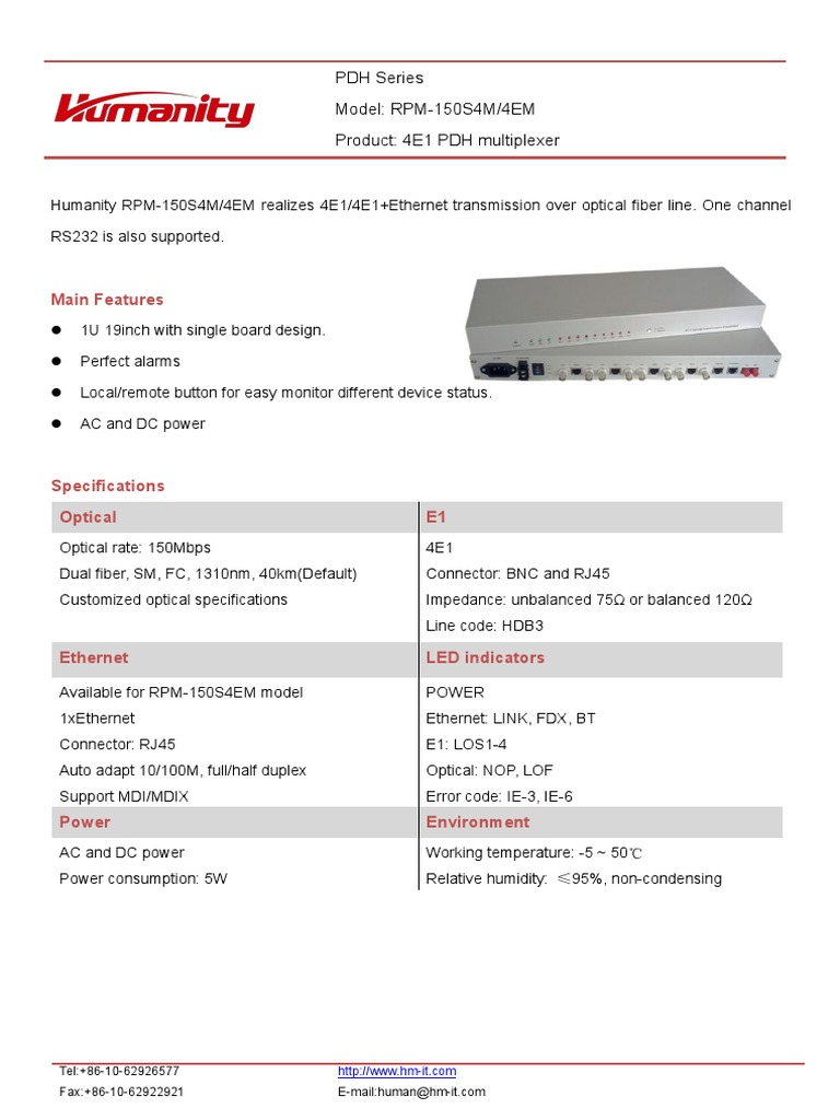 RPM-150S4M 4EM 4E1 + 1FE Fiber Multiplexer | PDF