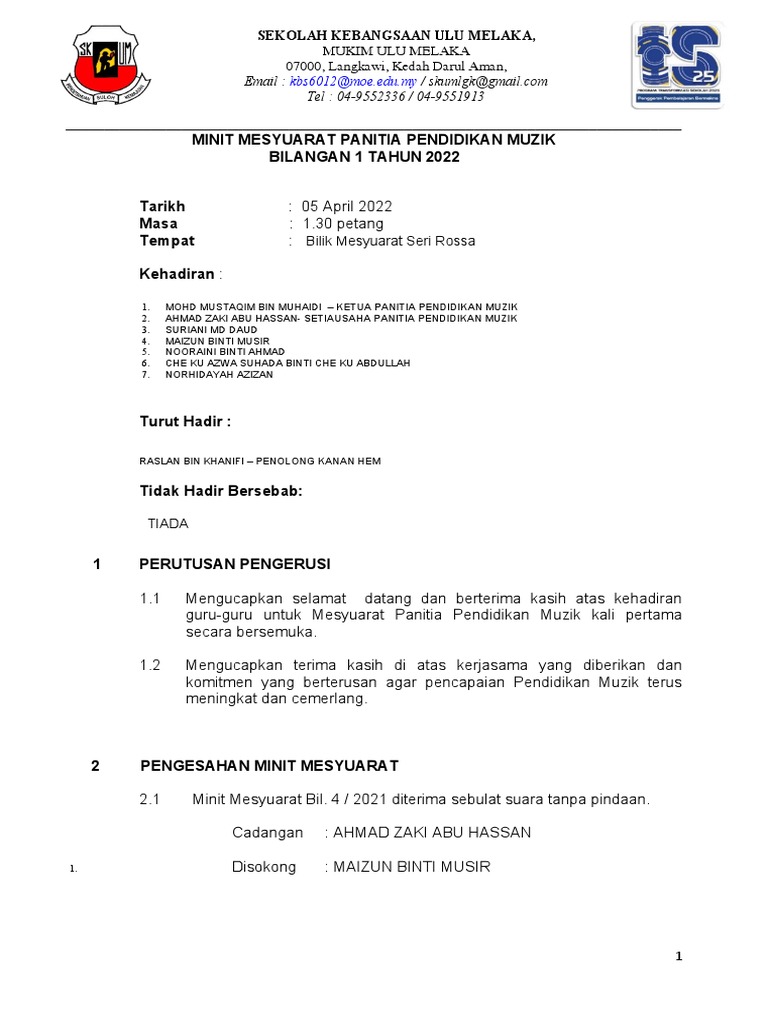 MINIT MESYUARAT PANITIA MUZIK BIL 1 2022 | PDF