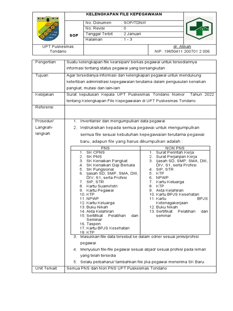Sop Kelengkapan File Kepegawaian | PDF