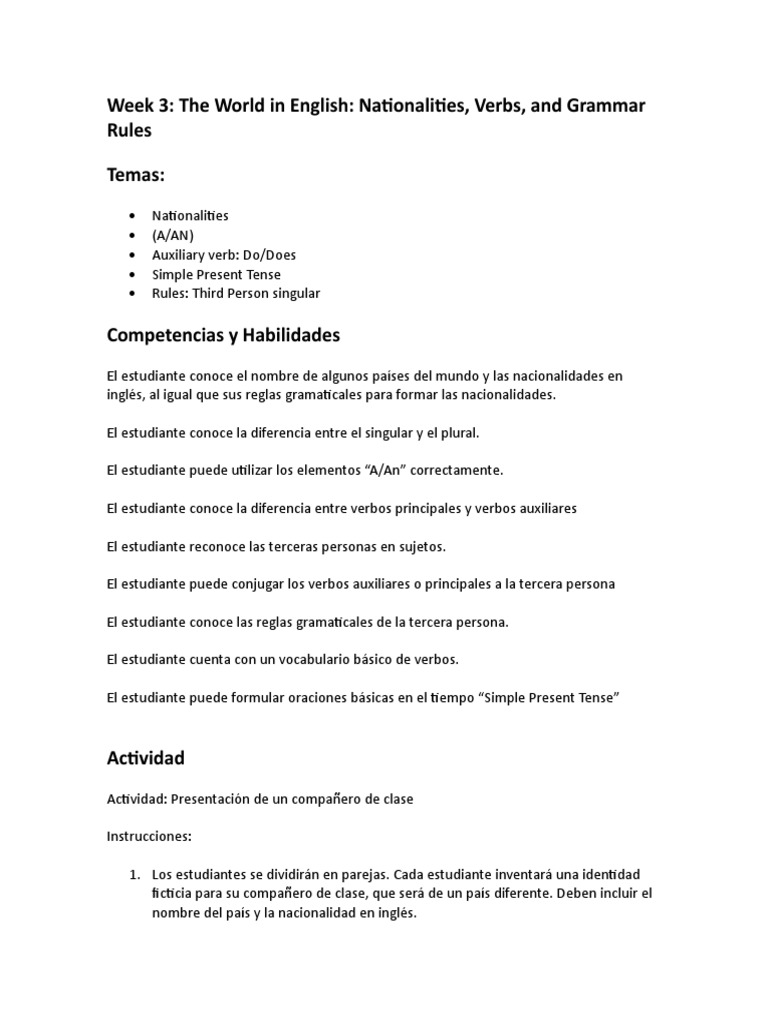 Week 3 The World in English Nationalities, Verbs, and Grammar Rules | PDF