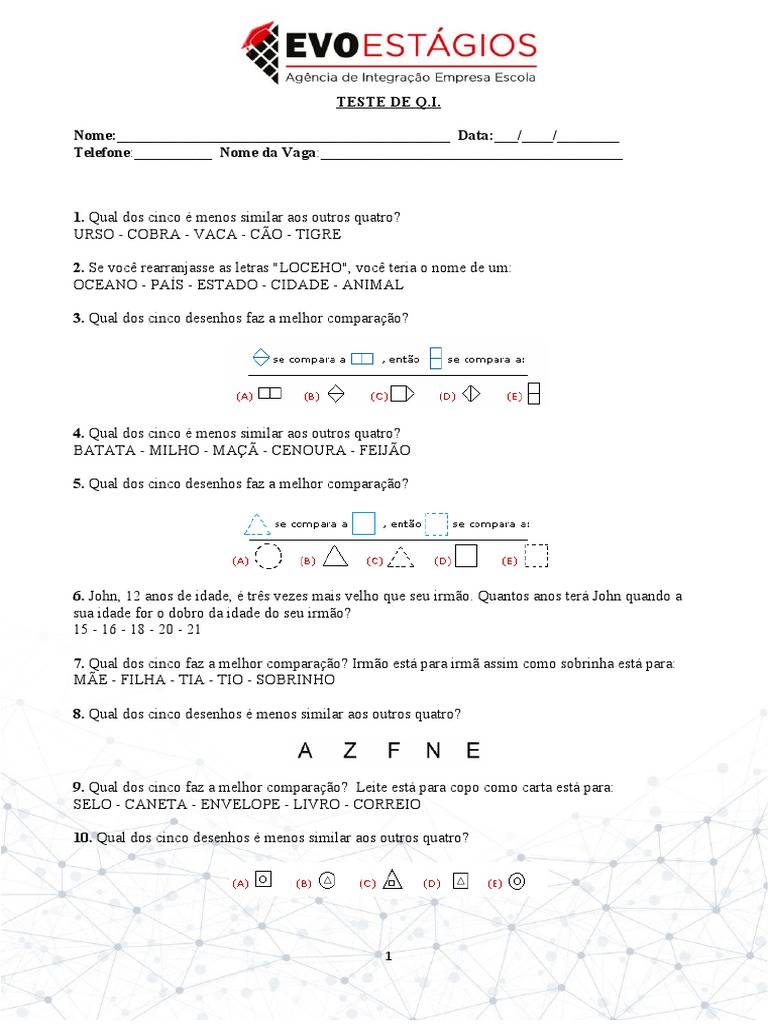 Teste de Raciocínio Lógico | PDF