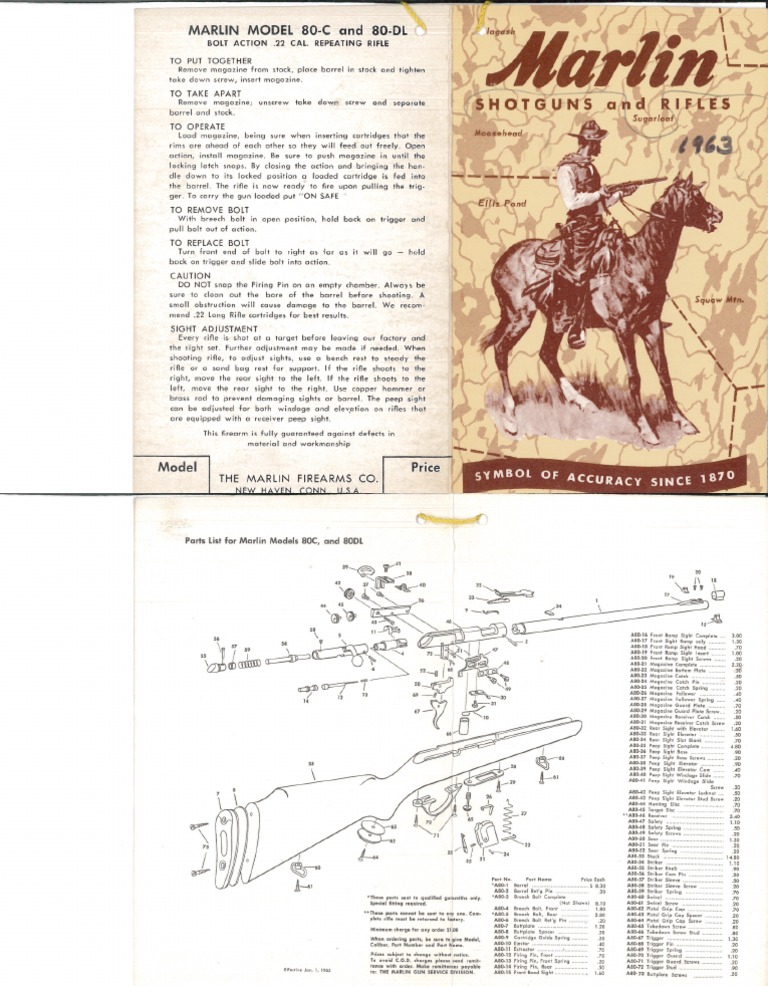 Marlin Jan 63 Manual For Model 80c and 80DL Bolt Action 22LR Rifles From Getpart | PDF