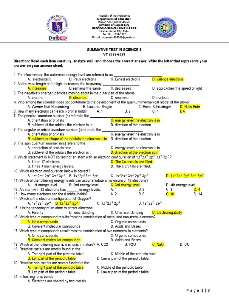2ND Summative Test - Science9 - 2022-2023 | PDF | Chemical Compounds ...