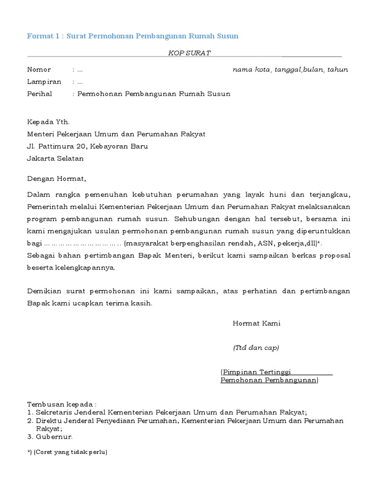 Format 1. Surat Permohonan Pembangunan Rusun | PDF