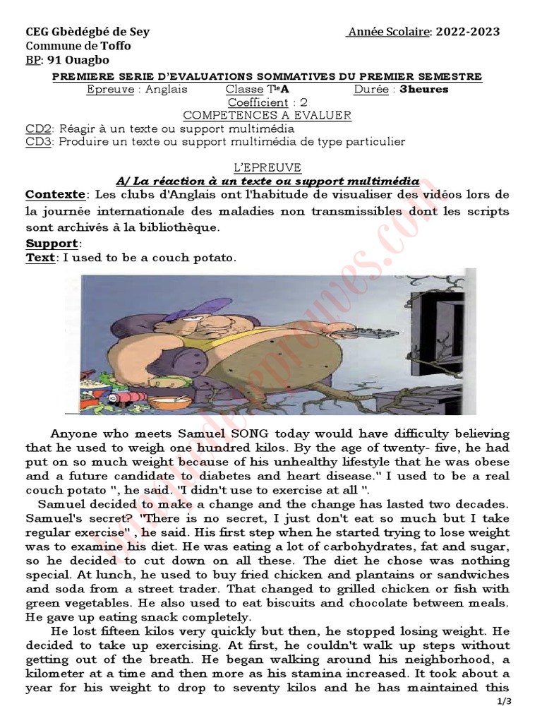 1ER DEVOIR DU 1ER SEMESTRE ANGLAIS Tle A 2022-2023 CEG GBÈDÉGBÉ DE SEY | PDF | Nutrition | Diet ...