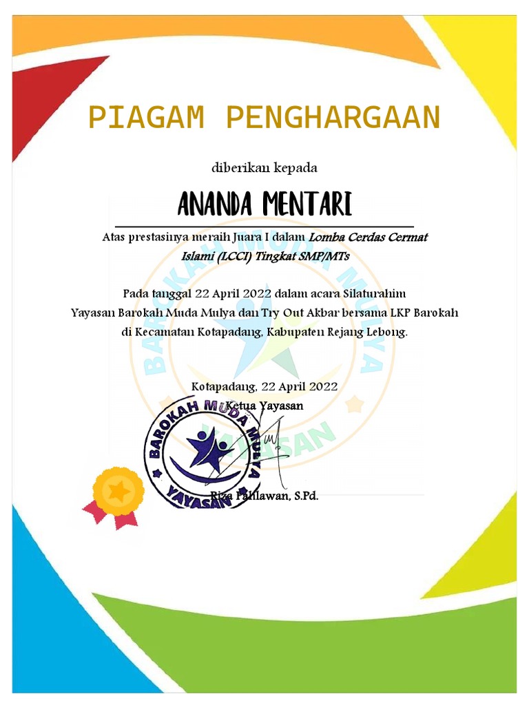 Piagam Penghargaan Juara | PDF