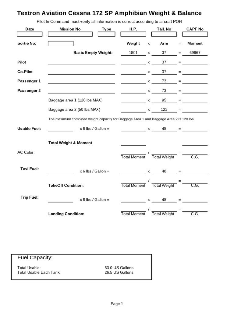 Textron Aviation Cessna 172 Amphibian Weight and Balance | PDF ...