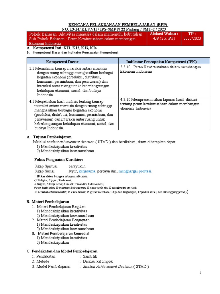 RPP 05 K-13 IPS-VII Peran Kewirausahaan Dalam Membangun Ekonomi Indonesia | PDF
