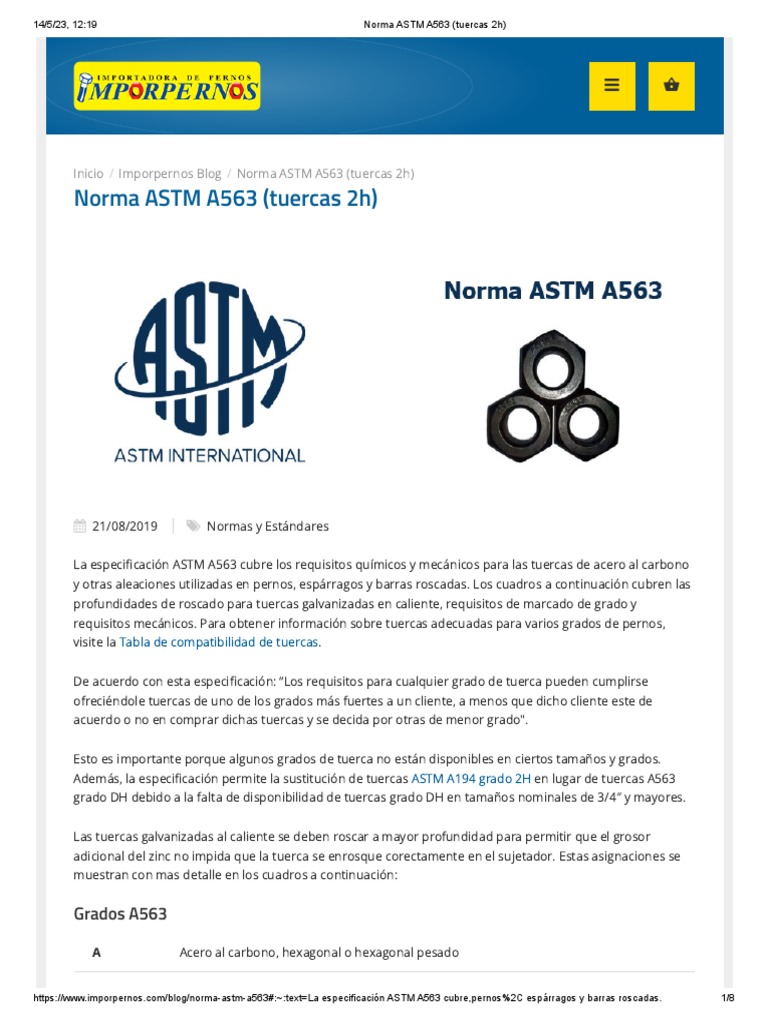 Norma ASTM A563 (Tuercas 2h) | PDF | Acero | Materiales