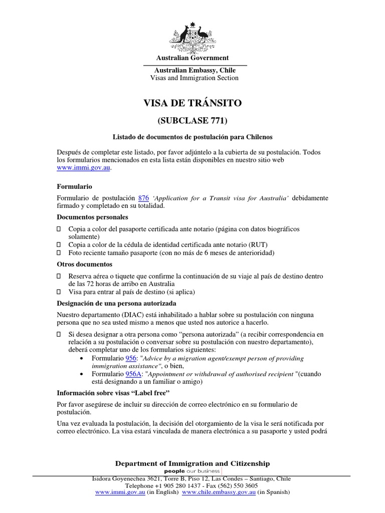 Checklist Chilean Citizens - Transit - Subclass 771 - Spanish | PDF