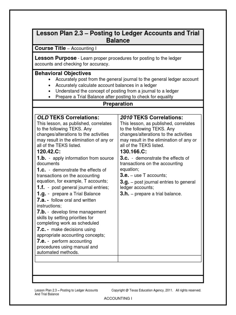 Lesson Plan 2.3 - Posting To Ledger Accounts and Trial Balance | PDF ...