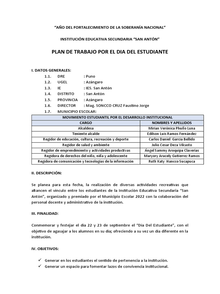 Plan de Trabajo Dia Del Estudiante | PDF