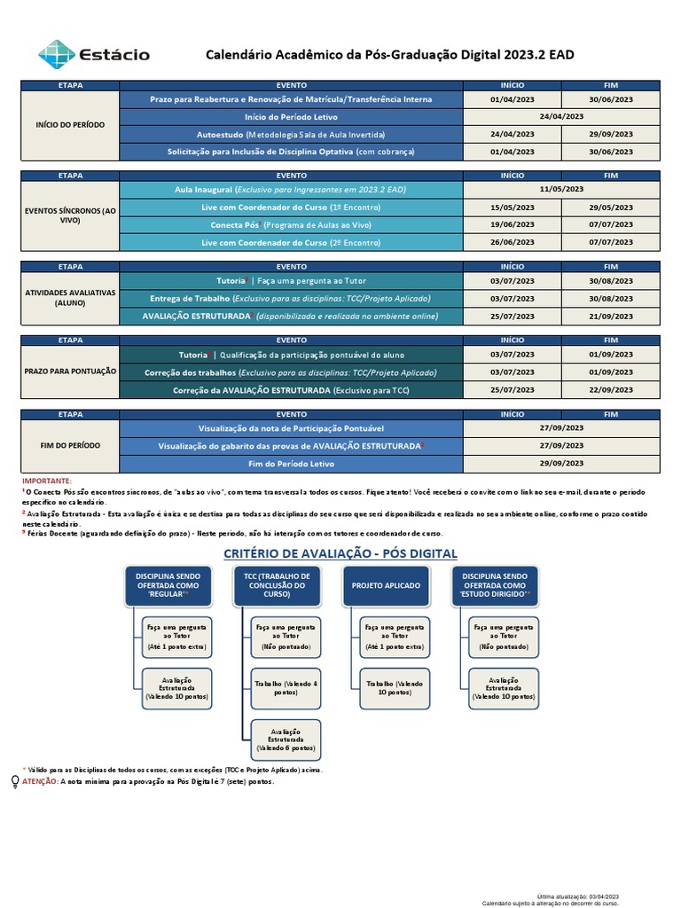 Calendário Acadêmico 2023.2 EAD - Pós Estácio 03.04 | PDF