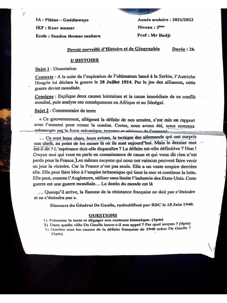 Devoir HG 3ème | PDF