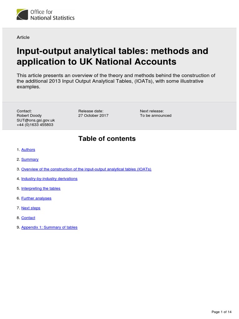 Input-Output Analytical Tables Methods and Application To UK National Accounts | PDF | Input ...