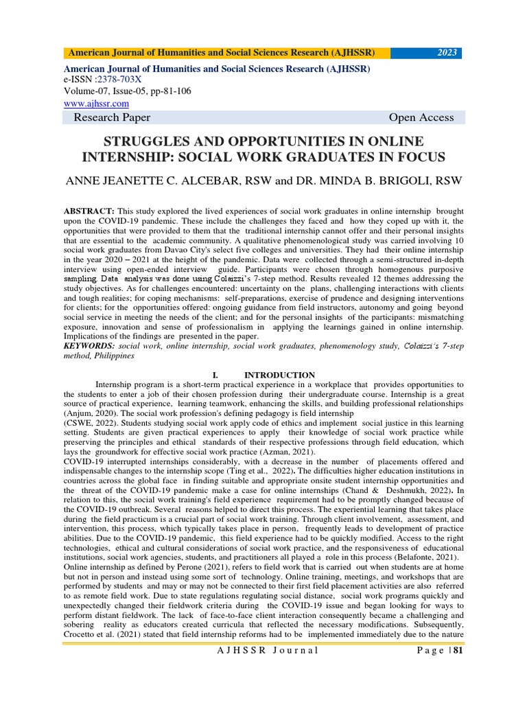 STRUGGLES AND OPPORTUNITIES IN ONLINE INTERNSHIP: SOCIAL WORK GRADUATES ...