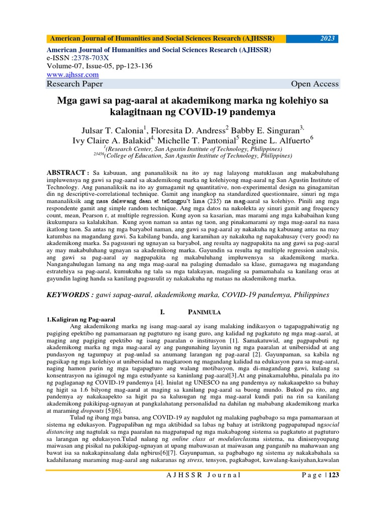 Mga Gawi Sa Pag-Aaral at Akademikong Marka NG Kolehiyo Sa Kalagitnaan NG COVID-19 Pandemya | PDF