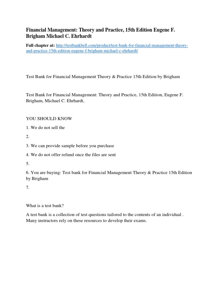 Test Bank For Financial Management Theory and Practice 15th Edition ...